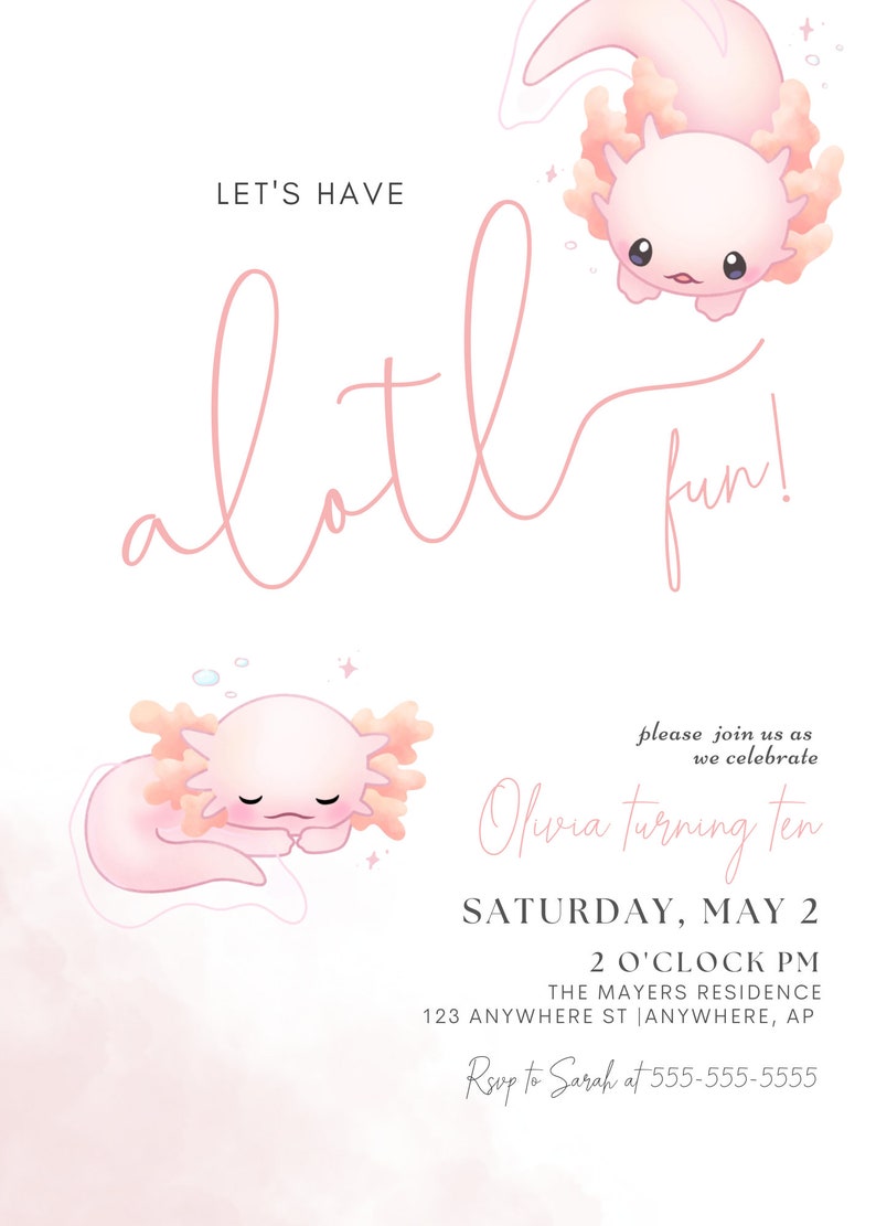 Self-editable 5x7 Axolotl Invitation Birthday Invite Kids - Etsy