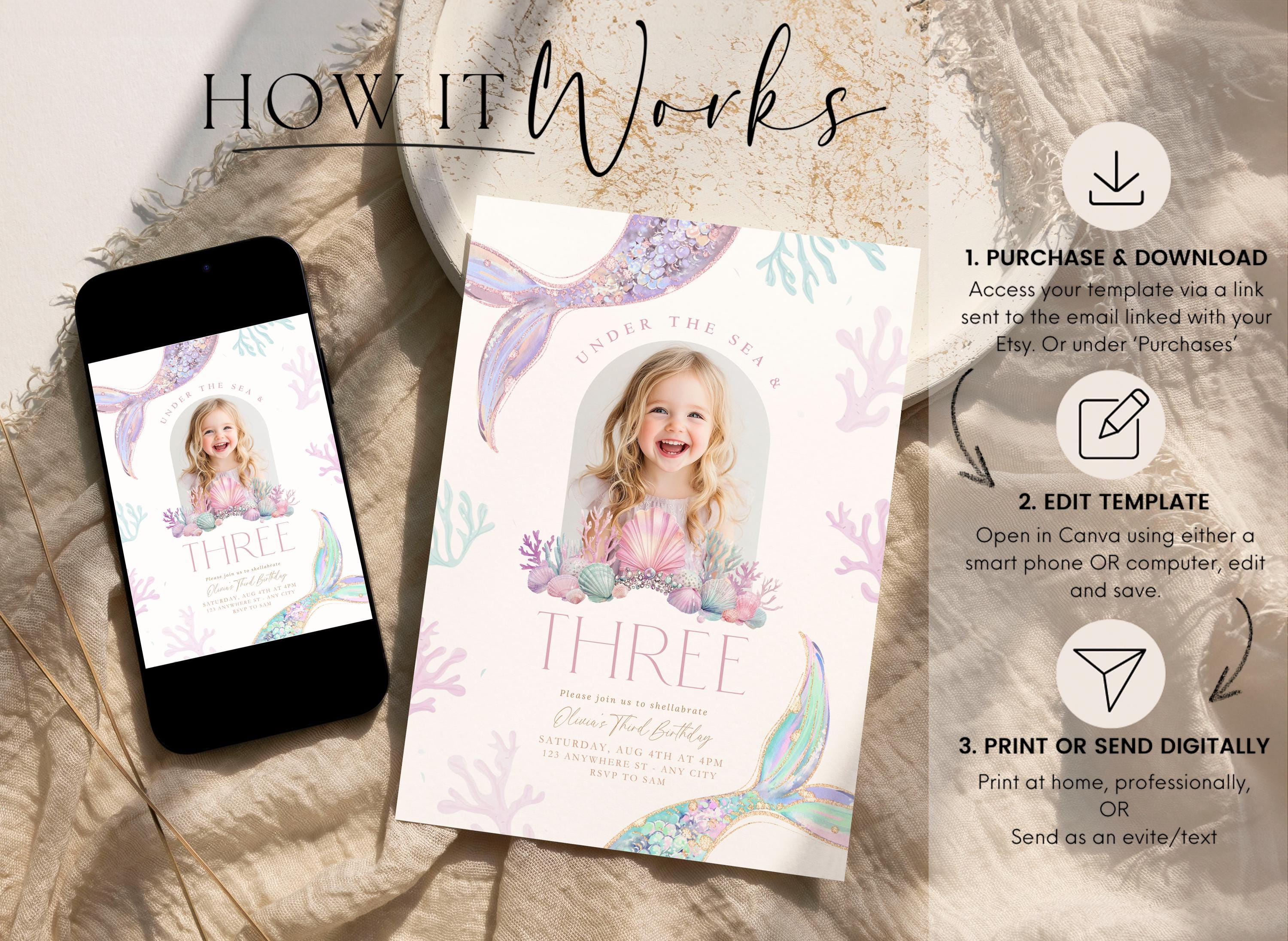 Editable Mermaid Third Birthday Invitation 3rd Birthday Under the Sea ...