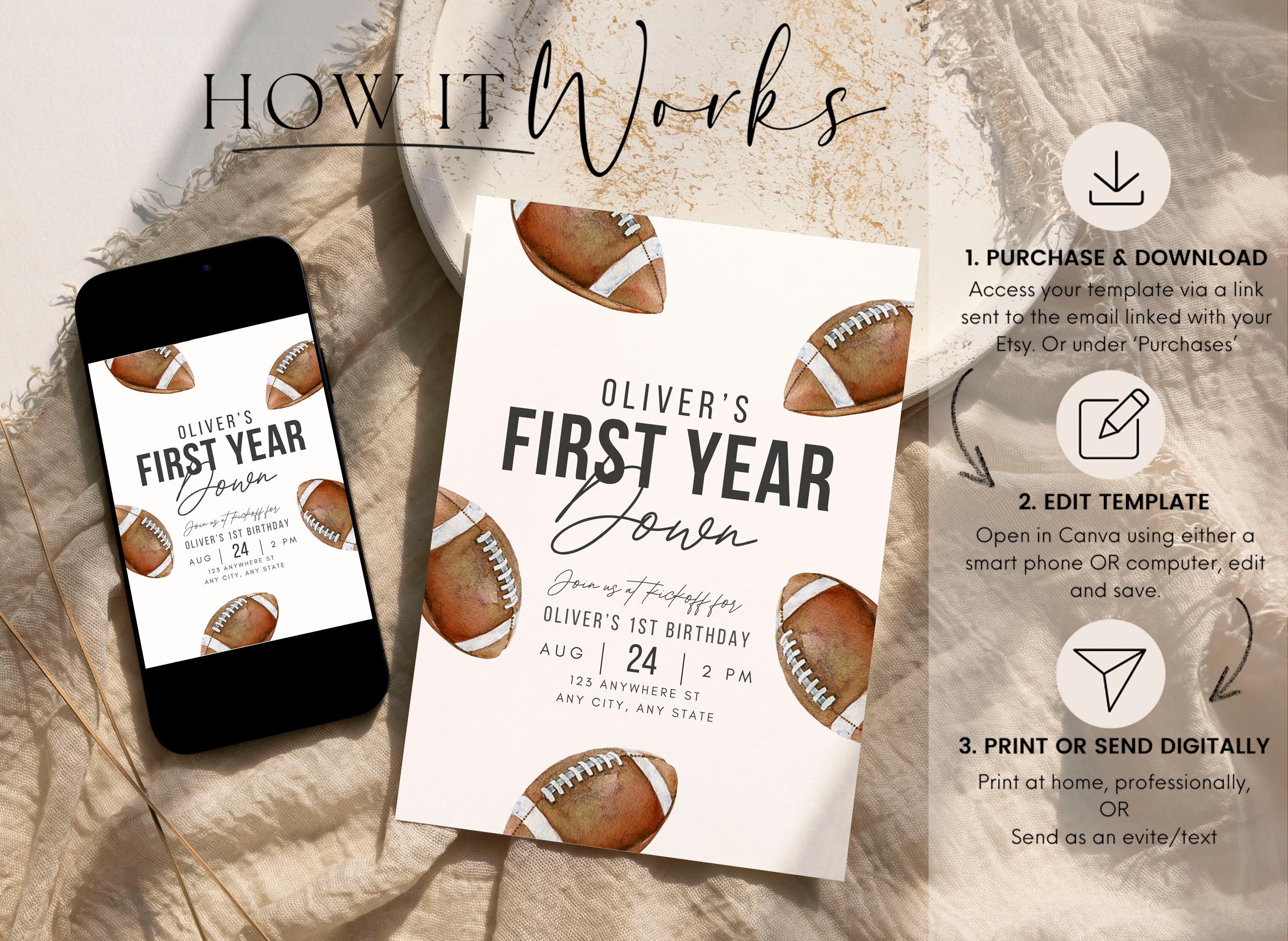 Editable First Year Down Football Birthday Party Invitation 1st Year ...