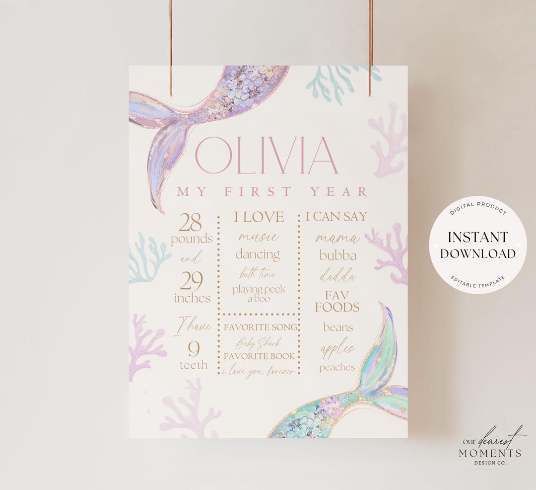 Editable Mermaid Milestone Birthday Sign Printable Under Sea First Year ...