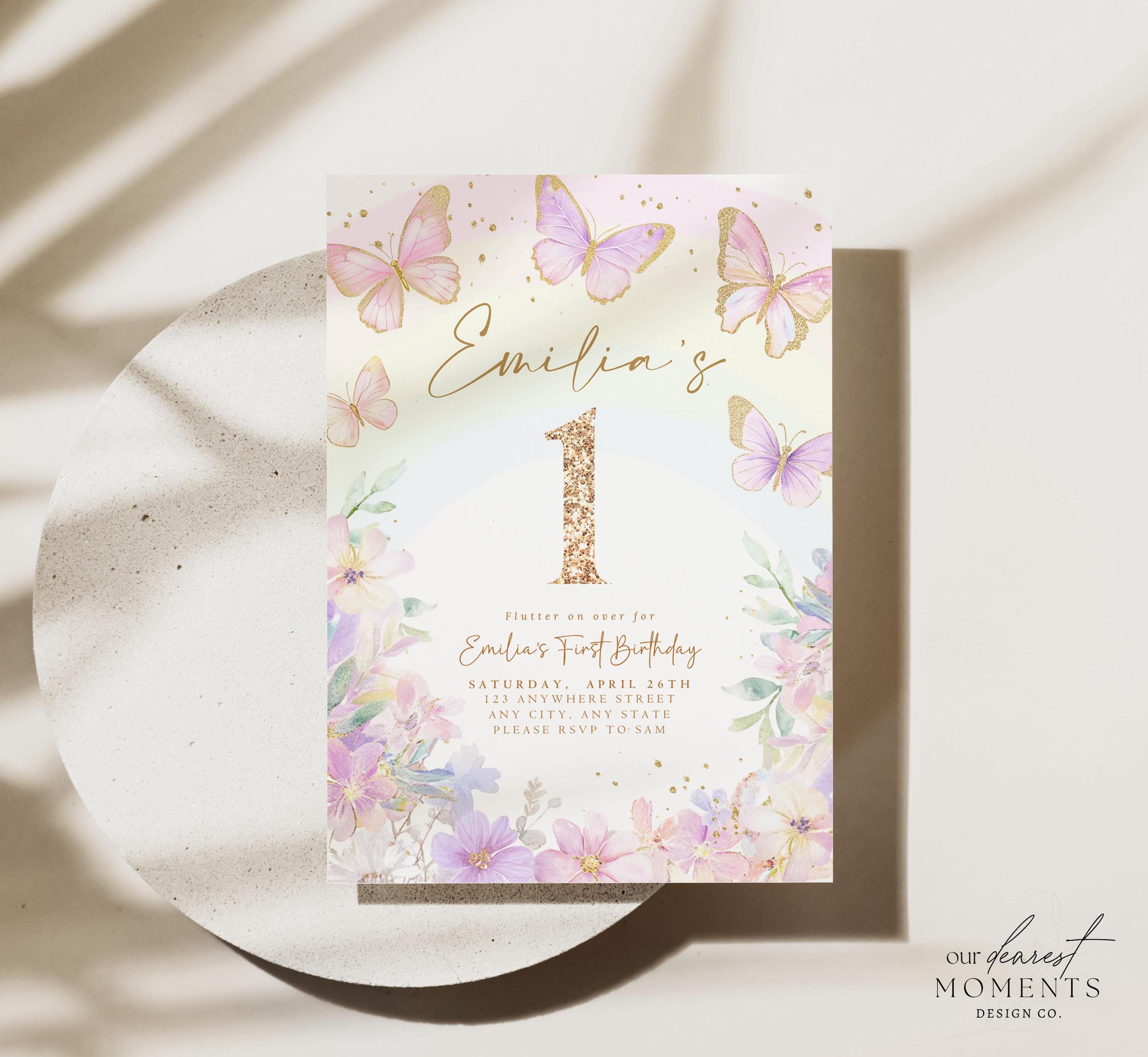 Editable Butterfly 1st Birthday Invitation Rainbow Butterfly Girl First ...