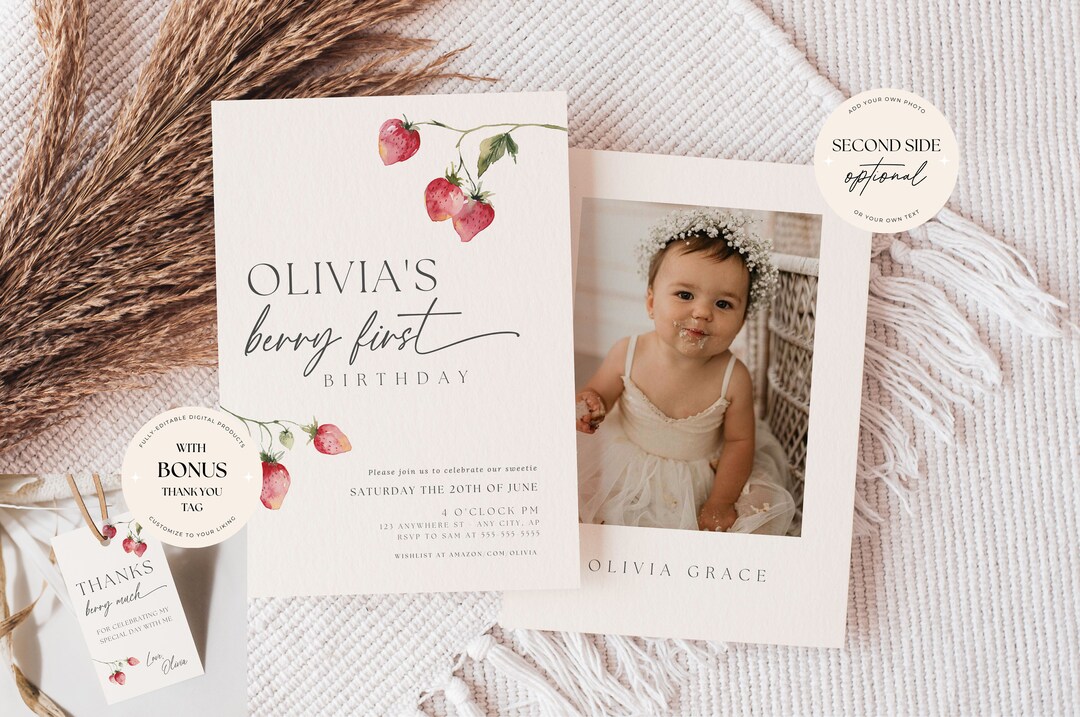 Self-edtiable 5x7 Berry First Birthday Invitation Party Invite Simple ...