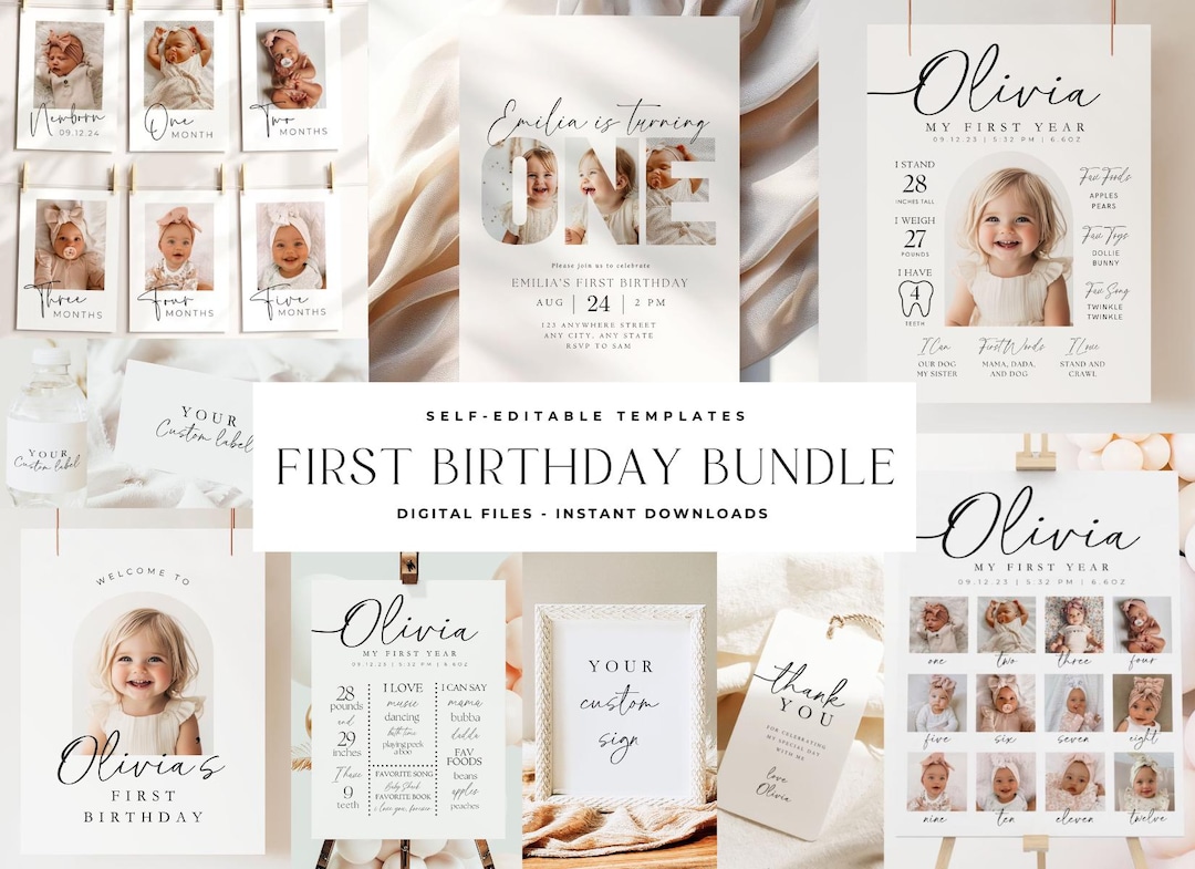 Editable First Birthday Bundle 1st Birthday Party Minimalist Set Boho ...