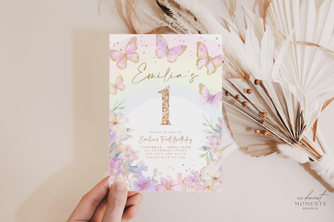 Editable Butterfly 1st Birthday Invitation Rainbow Butterfly Girl First ...