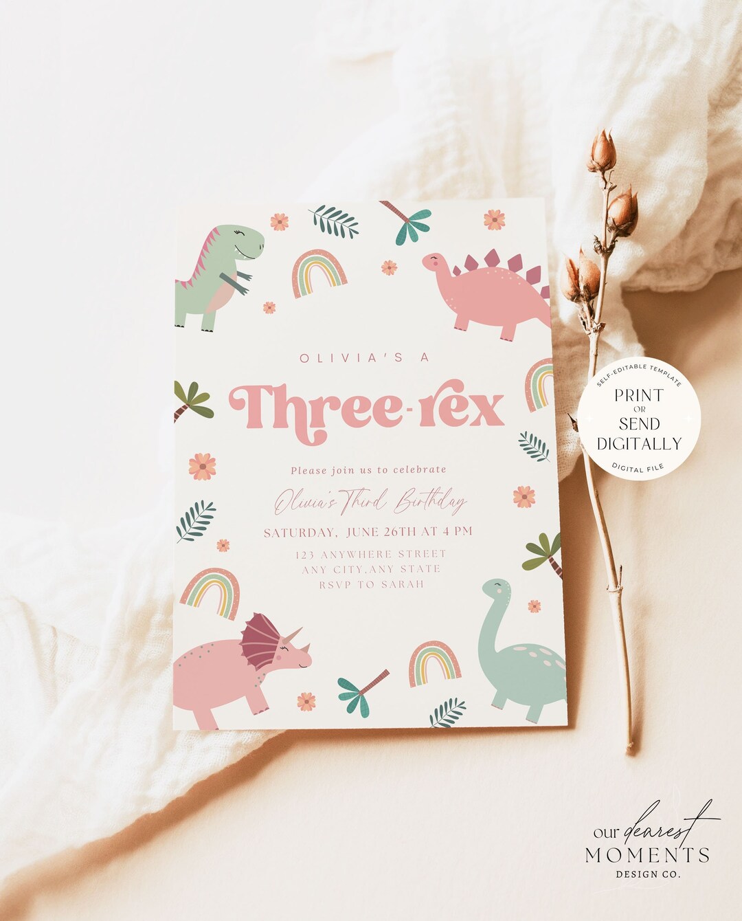 Editable Three Rex Invitation Girl Dinosaur Birthday Invitation Three ...