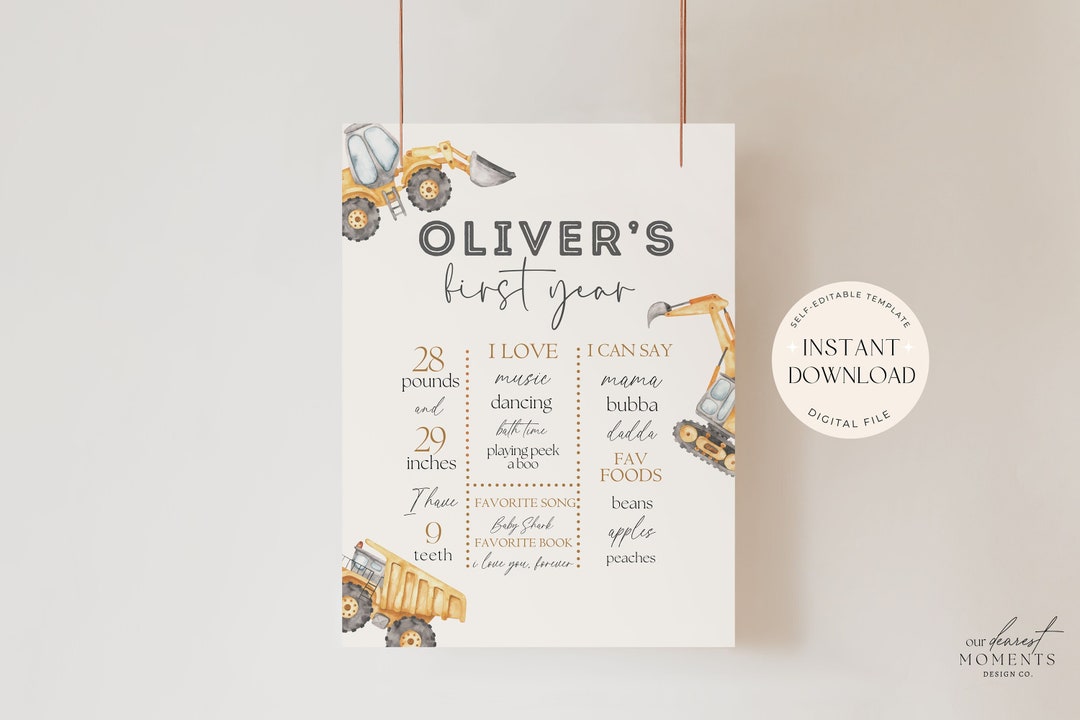Editable Construction Birthday Milestone Sign Construction Growth Chart ...