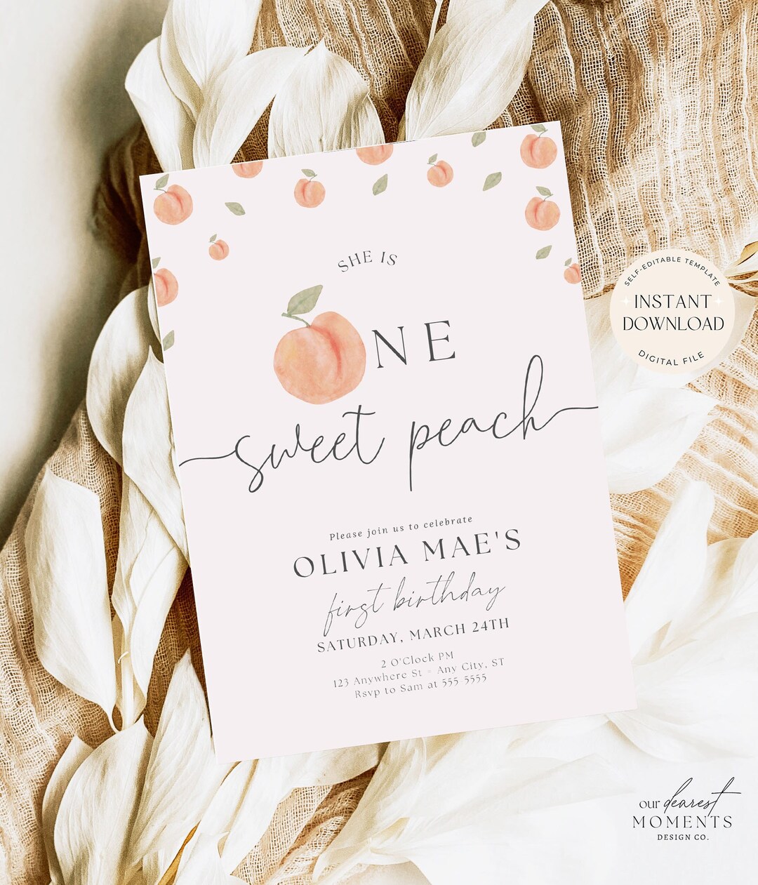 One Sweet Peach Invitation Peach Birthday Invite First Birthday Invite ...