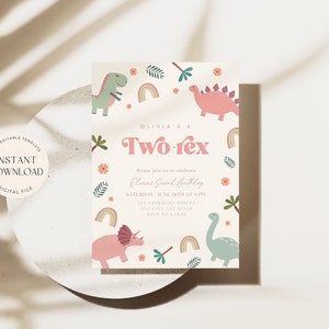 Editable Two Rex Invitation Second Birthday Girl Dinosaur Party Two-rex ...