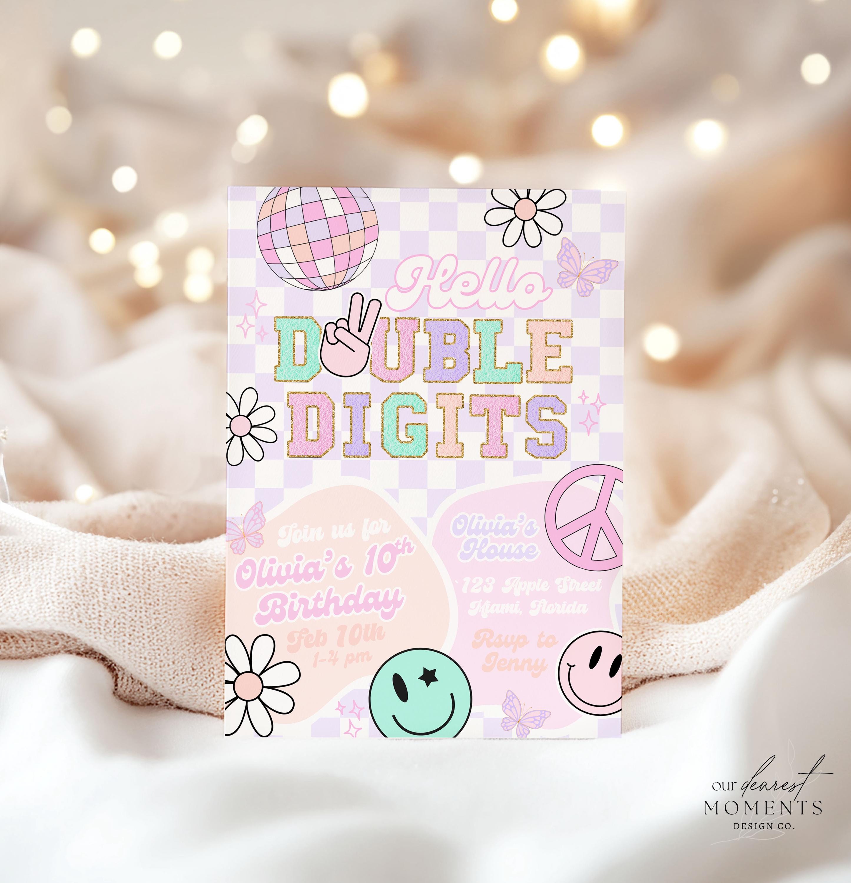 Editable 10th Birthday Party Invitation Hello Double Digits Girl Smiley ...