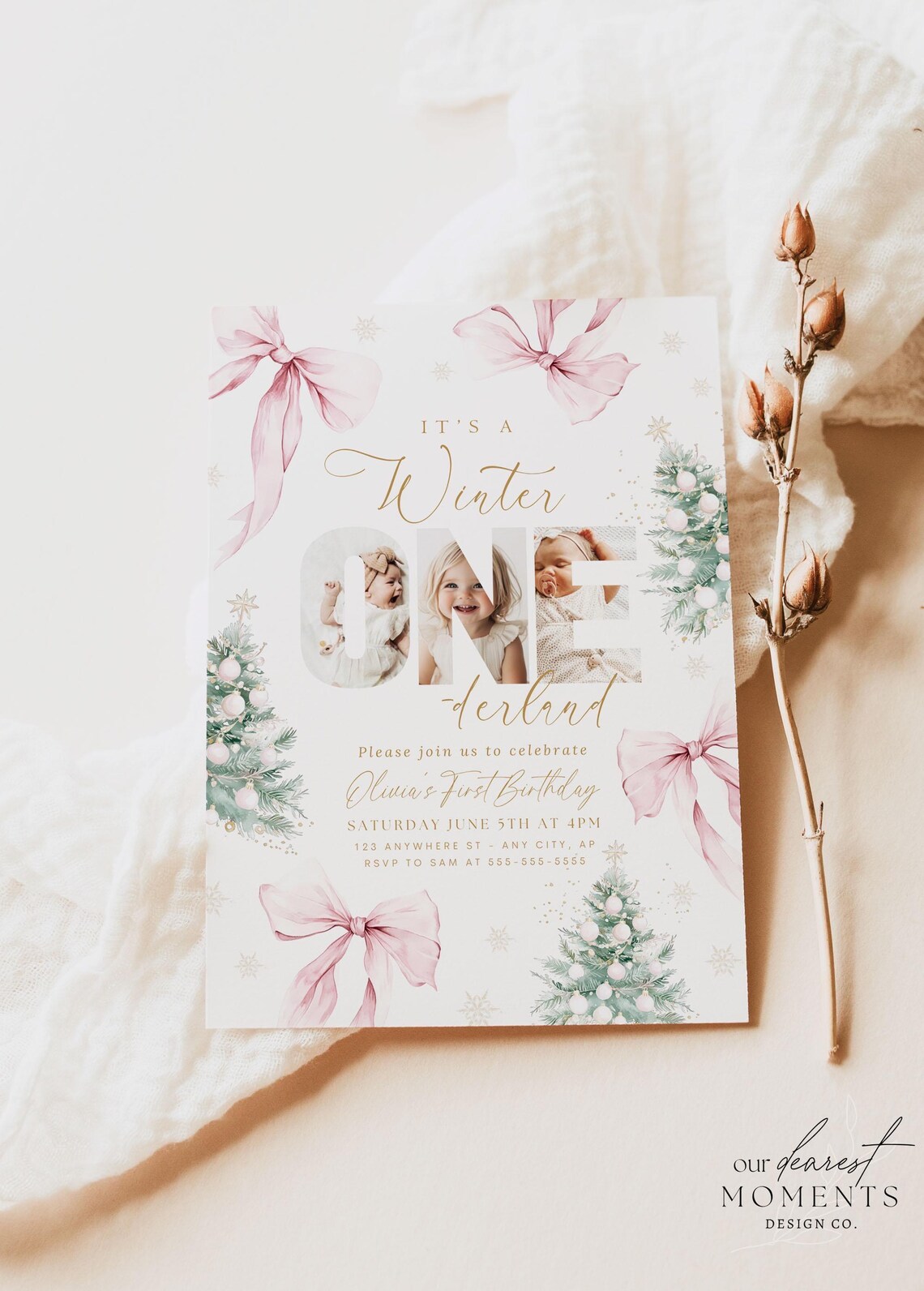 Editable Winter Onederland Birthday Invitation Christmas Boho Girl 1st ...