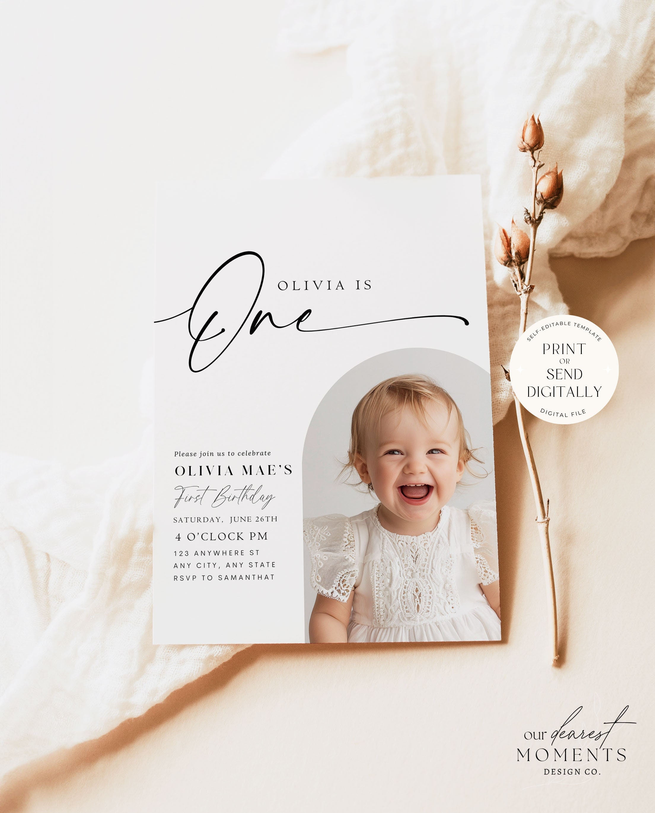 Editable First Birthday Invitation Minimalist 1st Birthday for Girl ...