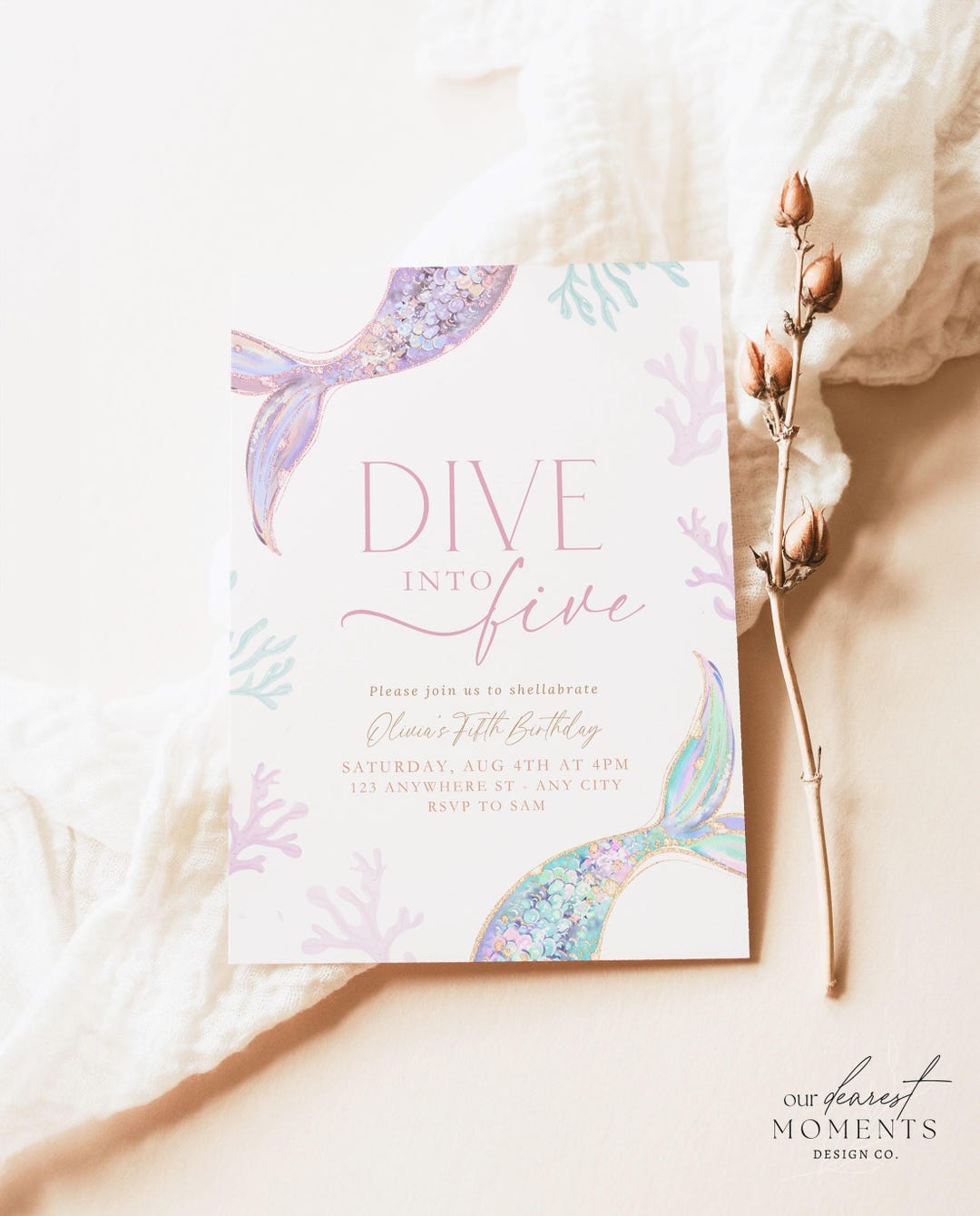 Editable Dive Into Five Mermaid Birthday Invitation 5th Birthday Invite ...