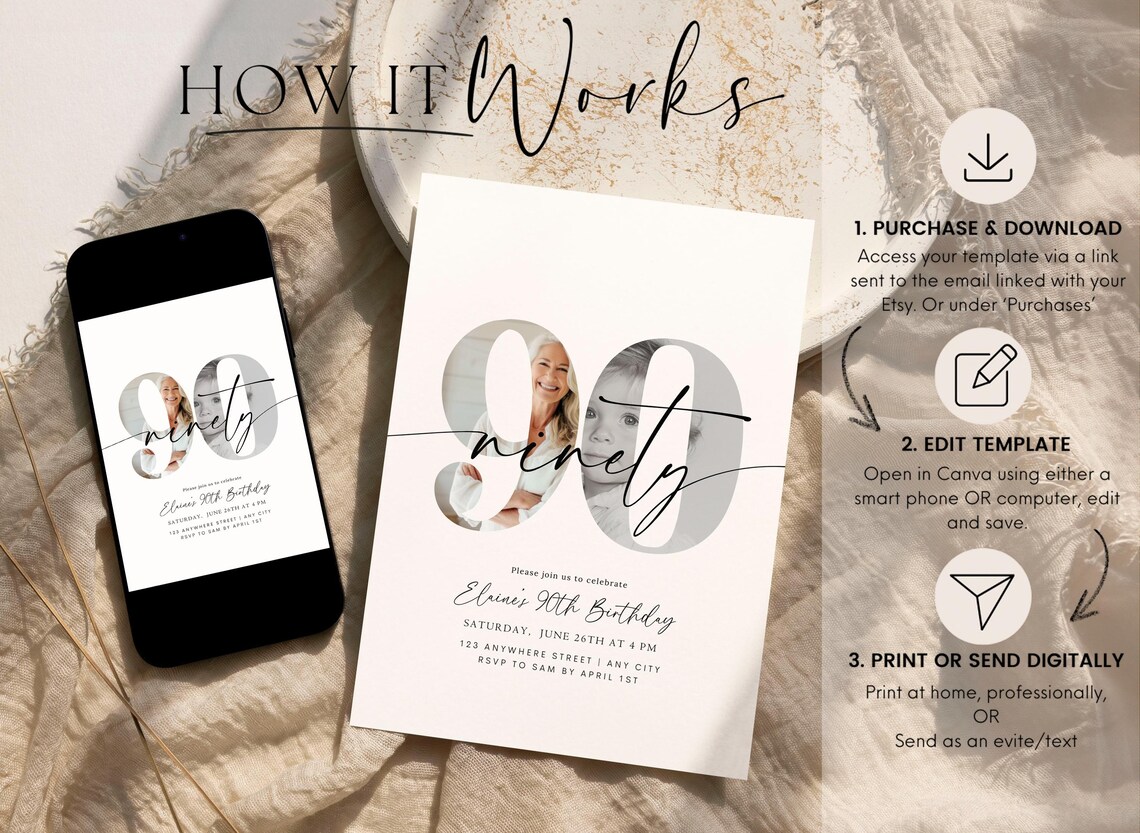 90th Birthday Invitation Template 90 Th Digital Invite Instant Download ...