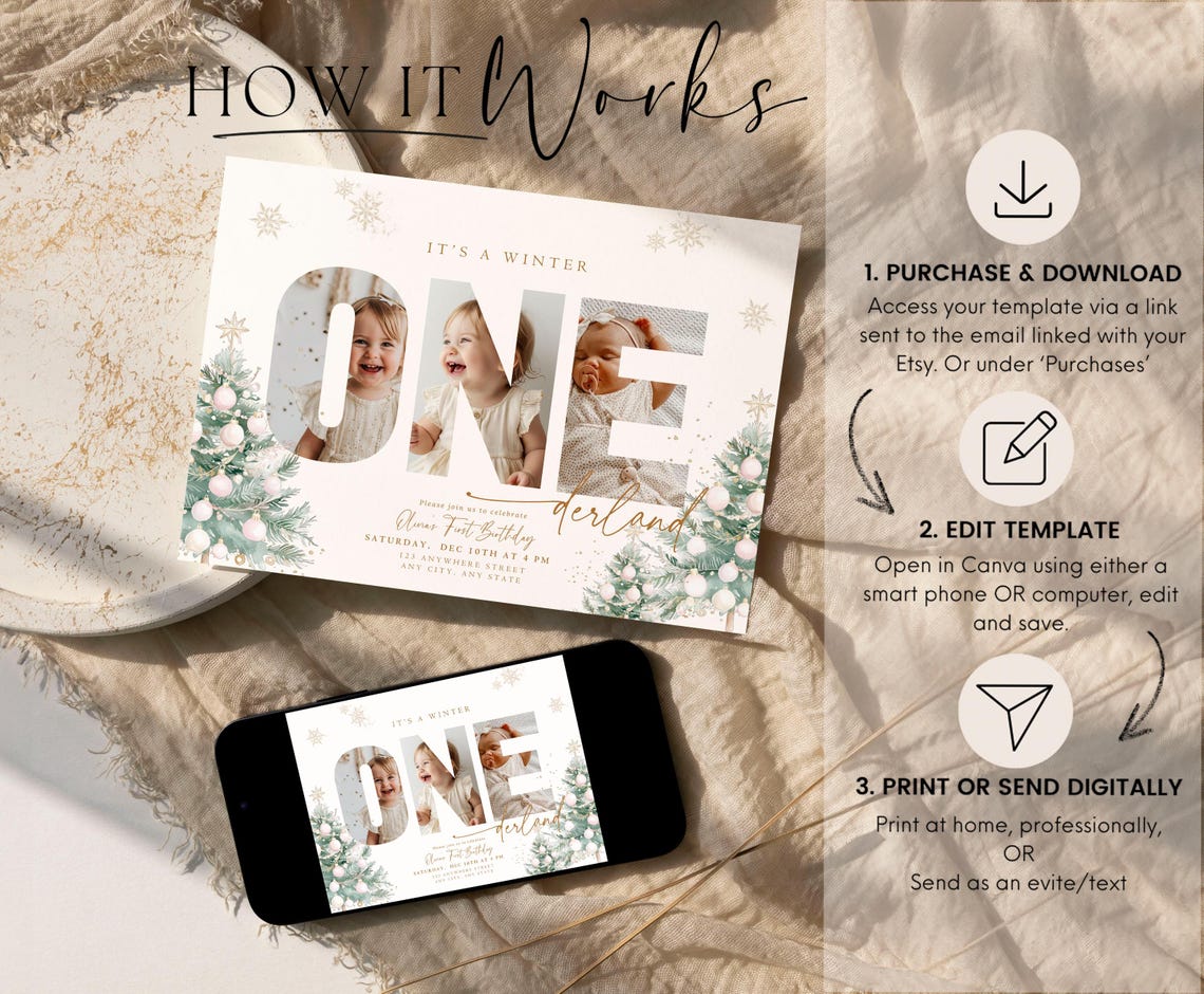 Editable Winter Onederland Birthday Invitation Christmas Boho Girl 1st ...
