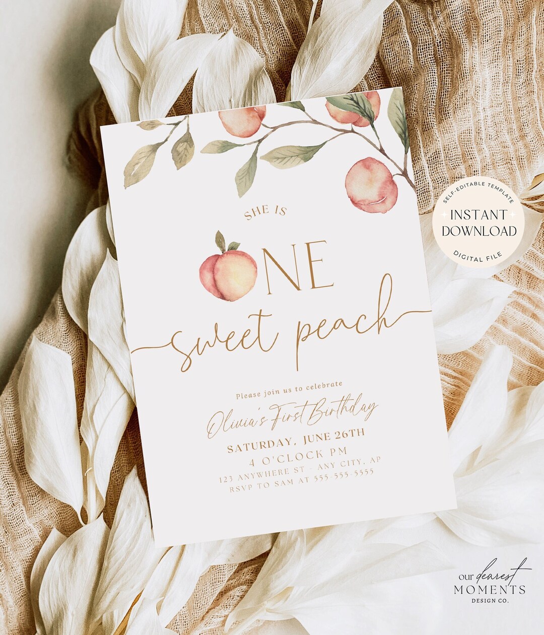 One Sweet Peach Invitation Peach Birthday Invite First Birthday Invite ...