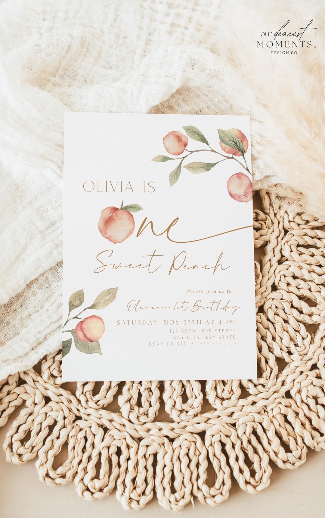 Editable One Sweet Peach Invitation Peach Birthday Invite Girl First ...