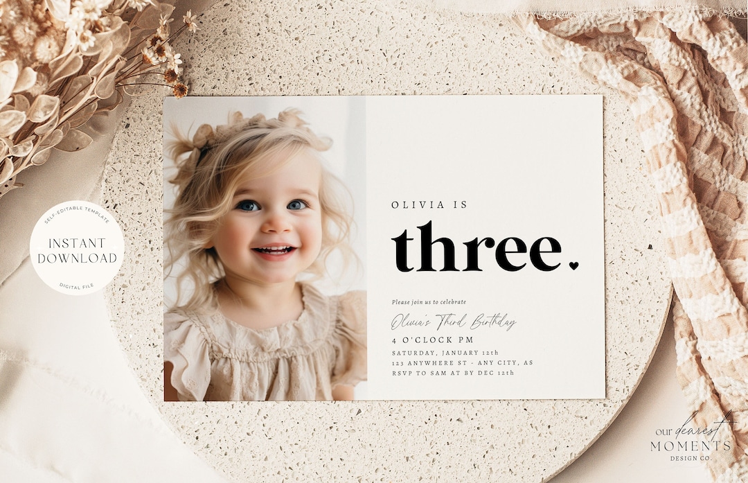EDITABLE Third Birthday Invitation 3rd Birthday Party Invite Boho Three ...