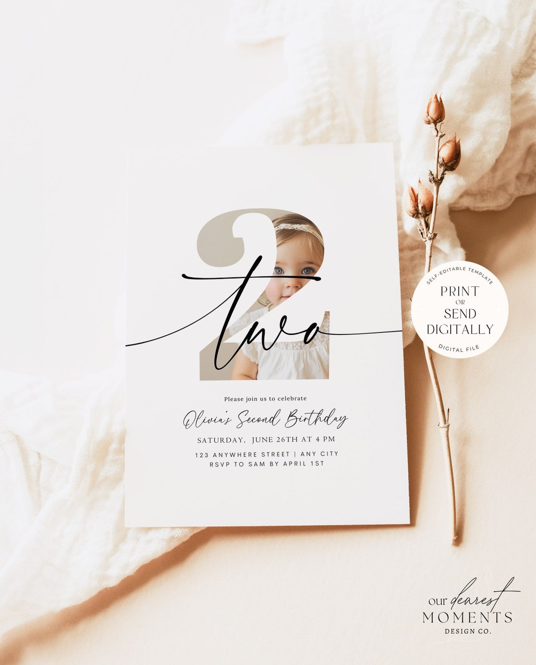 Second Birthday Invitation 2nd Birthday Invite for Girl Boho Minimalist ...