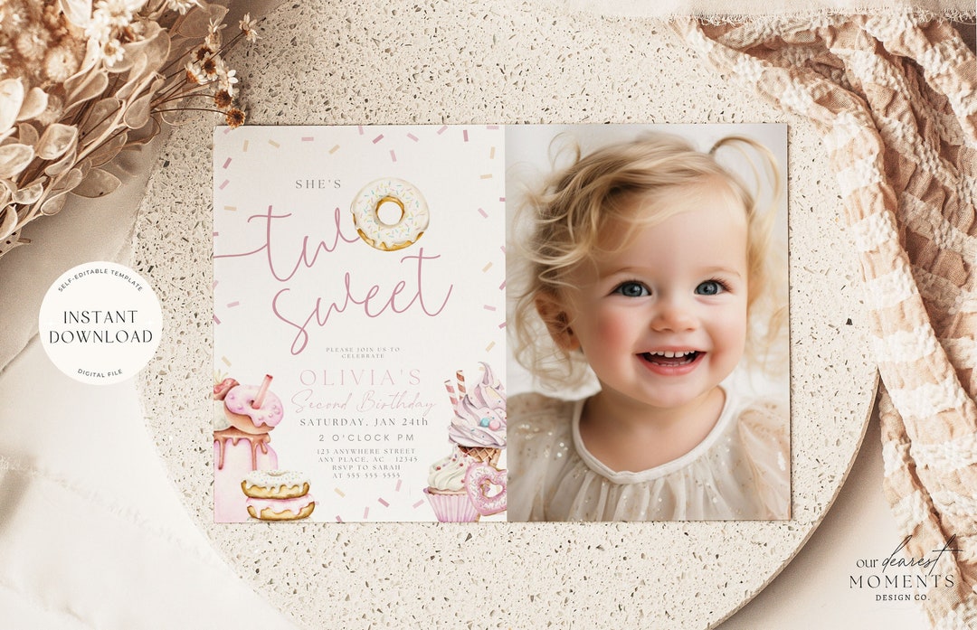 Two Sweet Birthday Invitation Party Invite Two Sweet Customizable 2nd ...