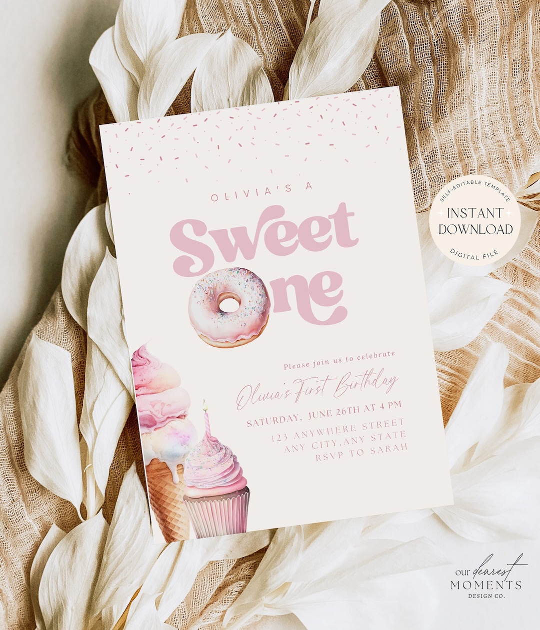 Self-editable 5x7 Sweet One Birthday Invite First Birthday 1st Kids ...