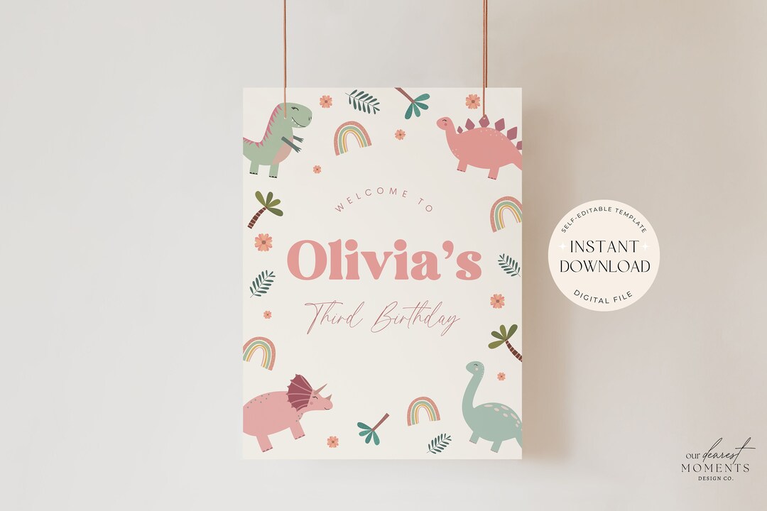 Editable Three Rex Welcome Sign Girl Dinosaur Birthday Sign Three Rex ...