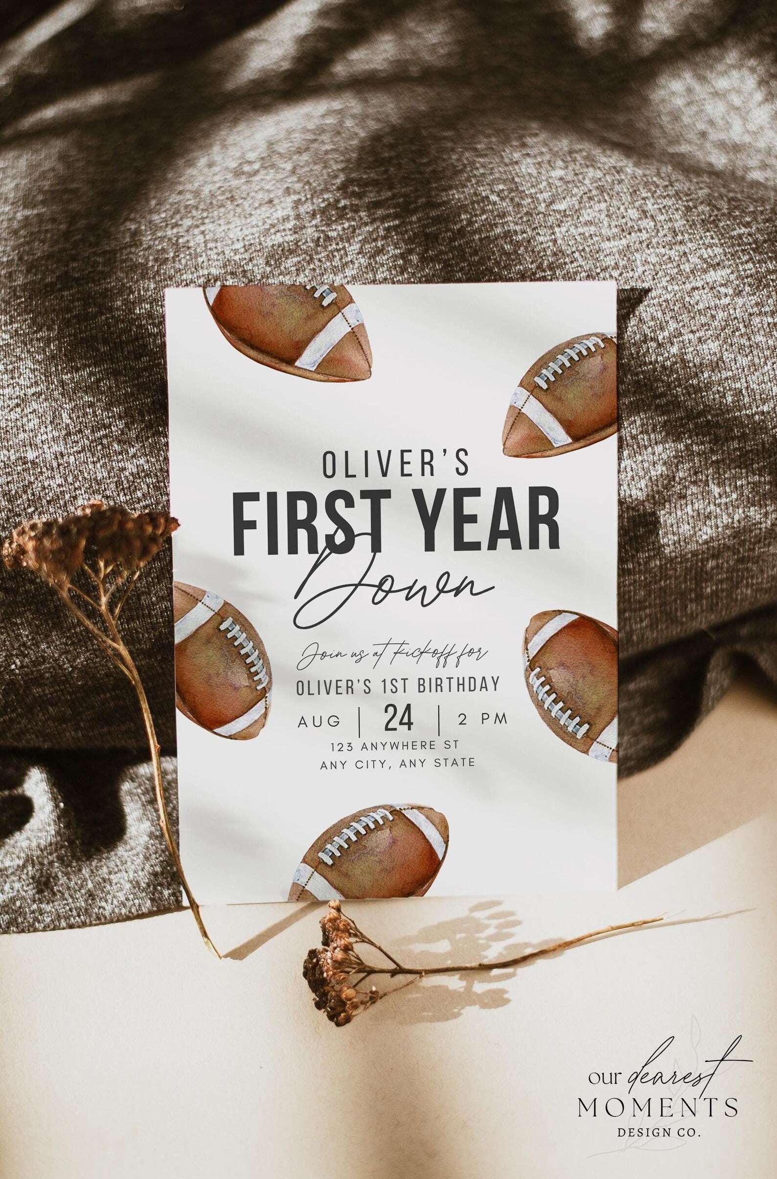 Editable First Year Down Football Birthday Party Invitation 1st Year ...