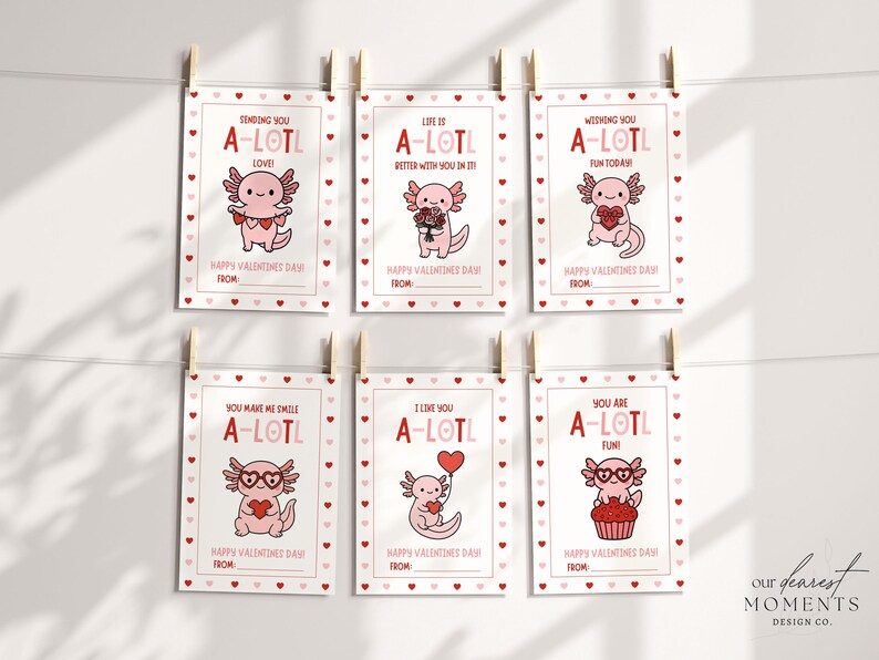 EDITABLE Axolotl Valentine's Day Cards for Kids, Printable Vday Gift ...