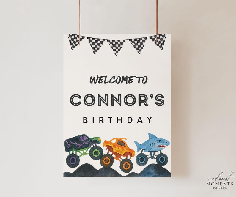 Editable Monster Truck Birthday Welcome Sign ANY AGE Boom Crash Monster ...