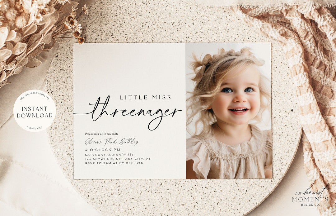 EDITABLE Third Birthday Invitation 3rd Birthday Party Invite Boho Three ...
