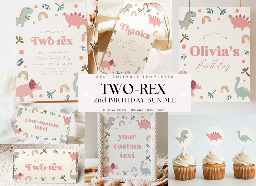 Editable Two Rex Birthday Bundle Second Birthday Package Dinosaur Party ...
