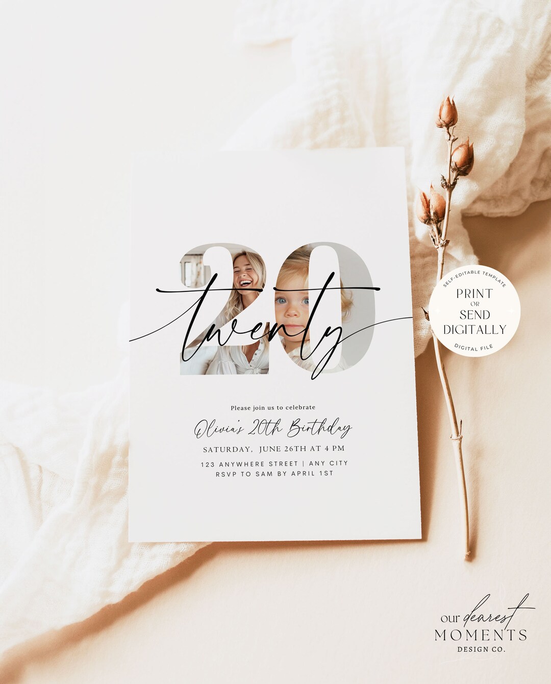 Editable 20th Birthday Invitation 20 St Birthday Invite Template Twenty ...