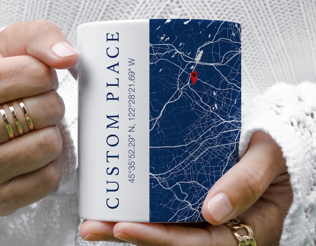 Personalized Blue Map Mug, Custom Coordinates, City Location Gift ...