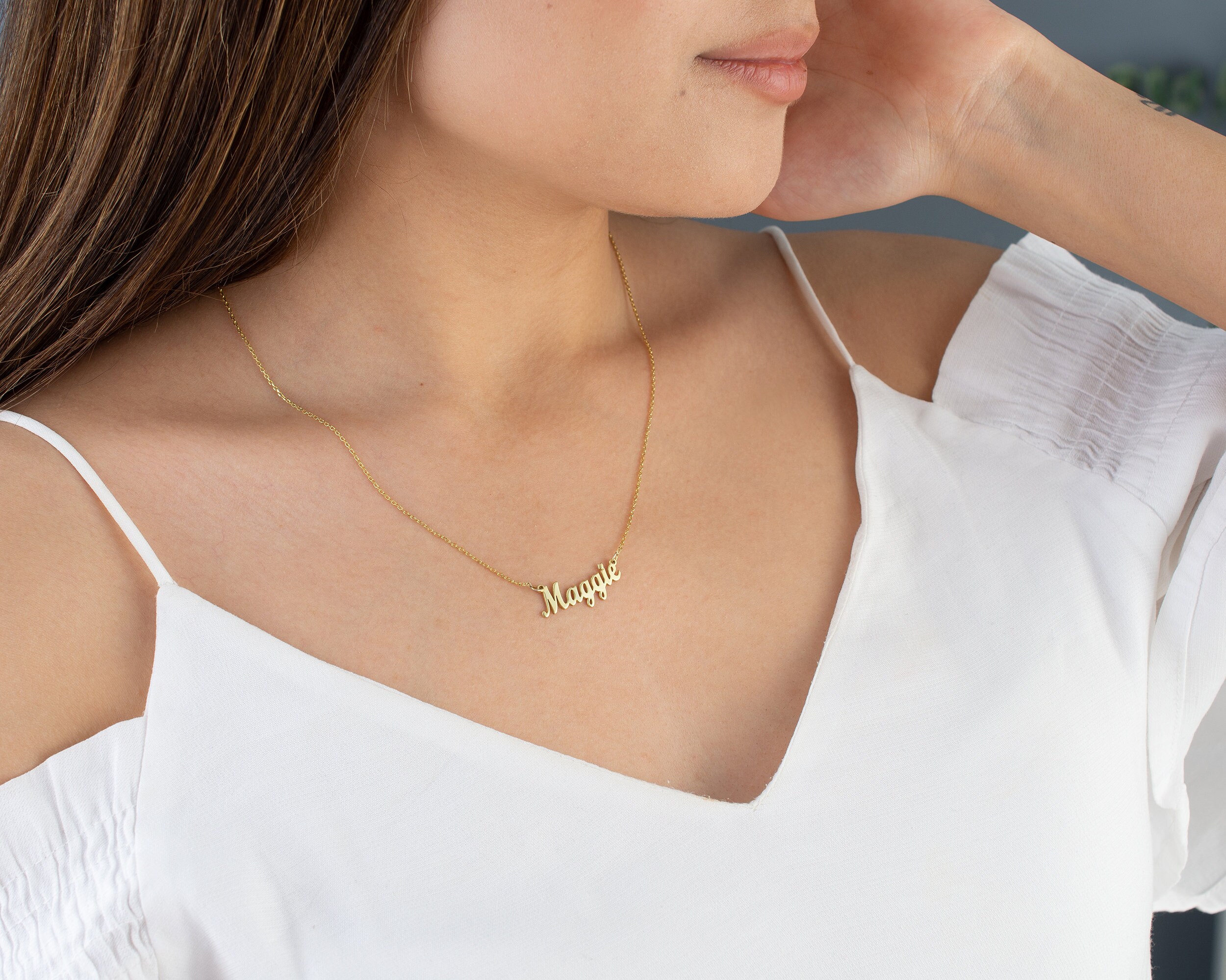 14k Solid Gold Name Plate Necklace, Personalized Name Necklace, Silver ...