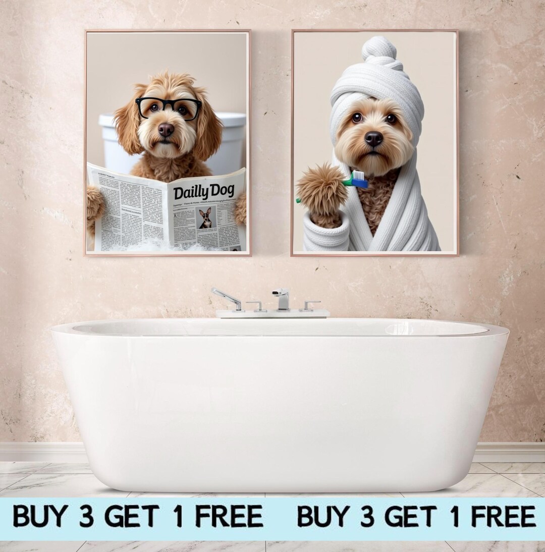 Custom Pet Portraits Set of 4 Greyscale, Dog in Toilet, Pet in Bathtub ...