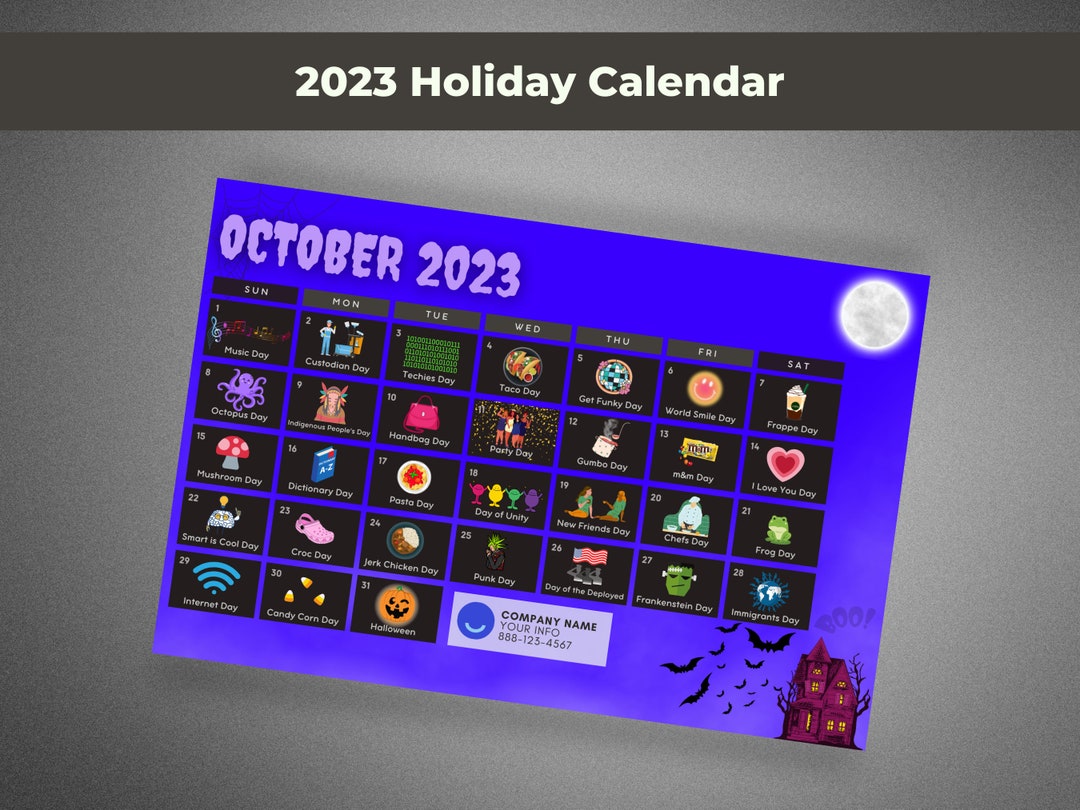 October 2023 Holiday Calendar Postcard - Editable Template Design, Real ...