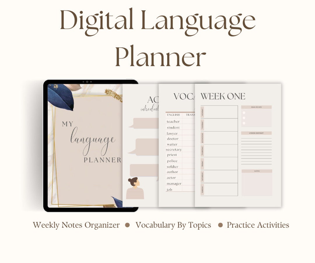 Digital Language Learning Planner Hyperlinked, 500 Vocabulary Words, Language Study Notebook ...