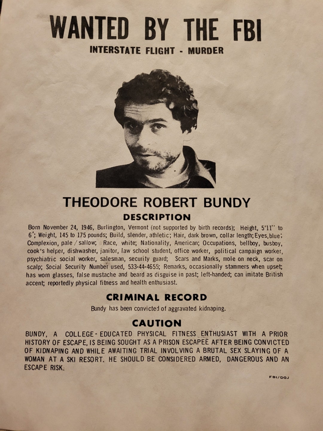 Ted Bundy FBI DOJ Wanted Poster - Etsy Australia
