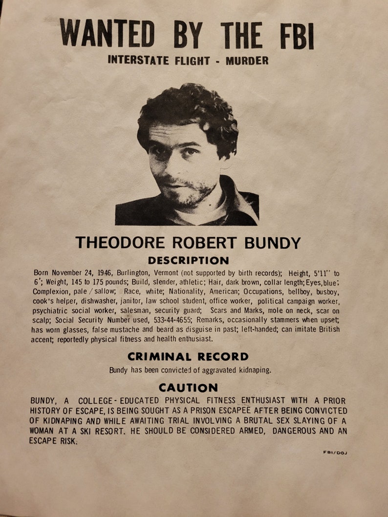 Ted Bundy FBI DOJ Wanted Poster - Etsy