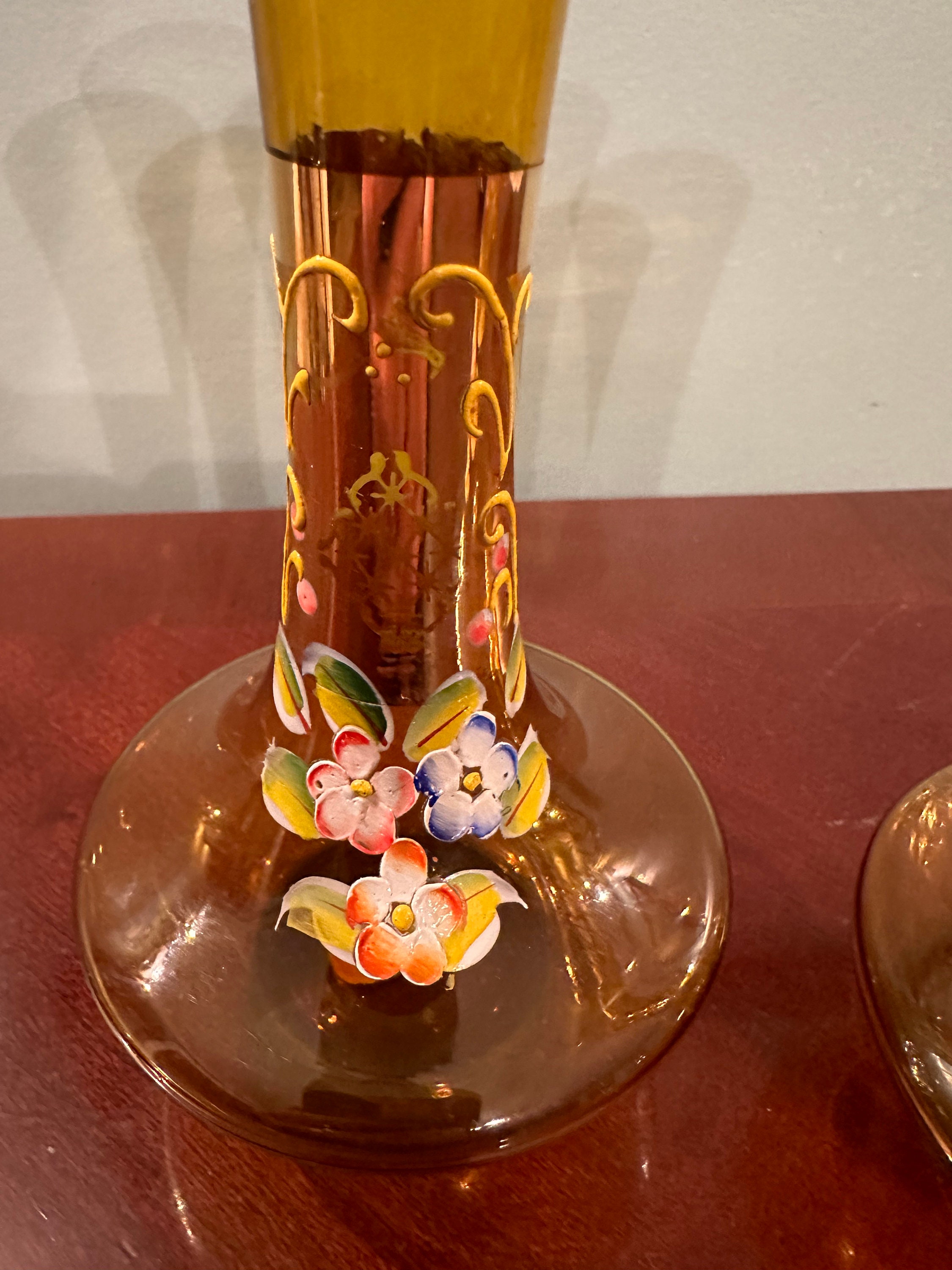 Vintage Nasco Japan Amber Glass Vase Bohemian Style With Hand Painted ...