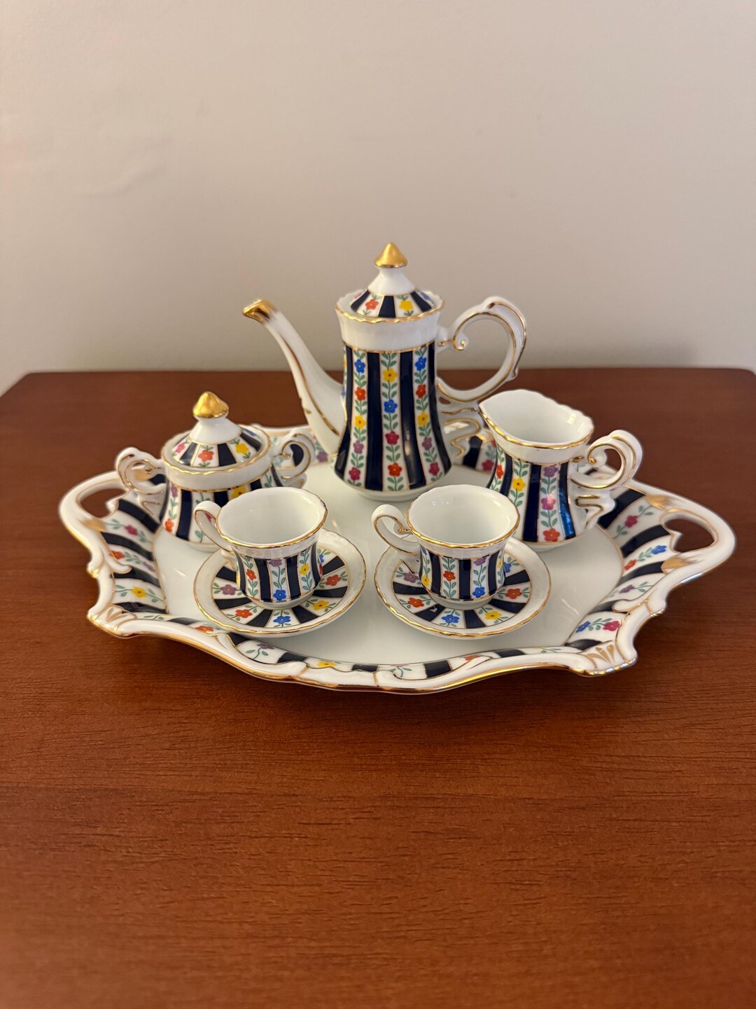 Vintage Porcelain Miniature Tea Set Reutter Germany Navy Blue Floral - Etsy