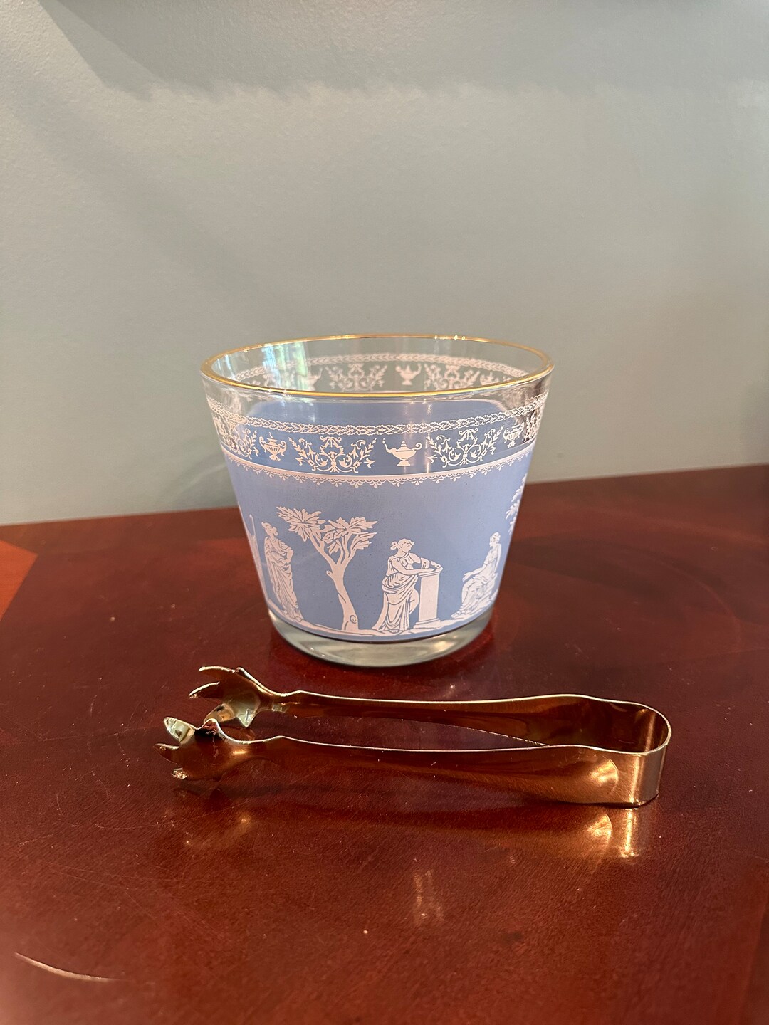 Vintage Jeanette Glass Wedgwood Blue Helenic Greek Roman Ice Bucket ...