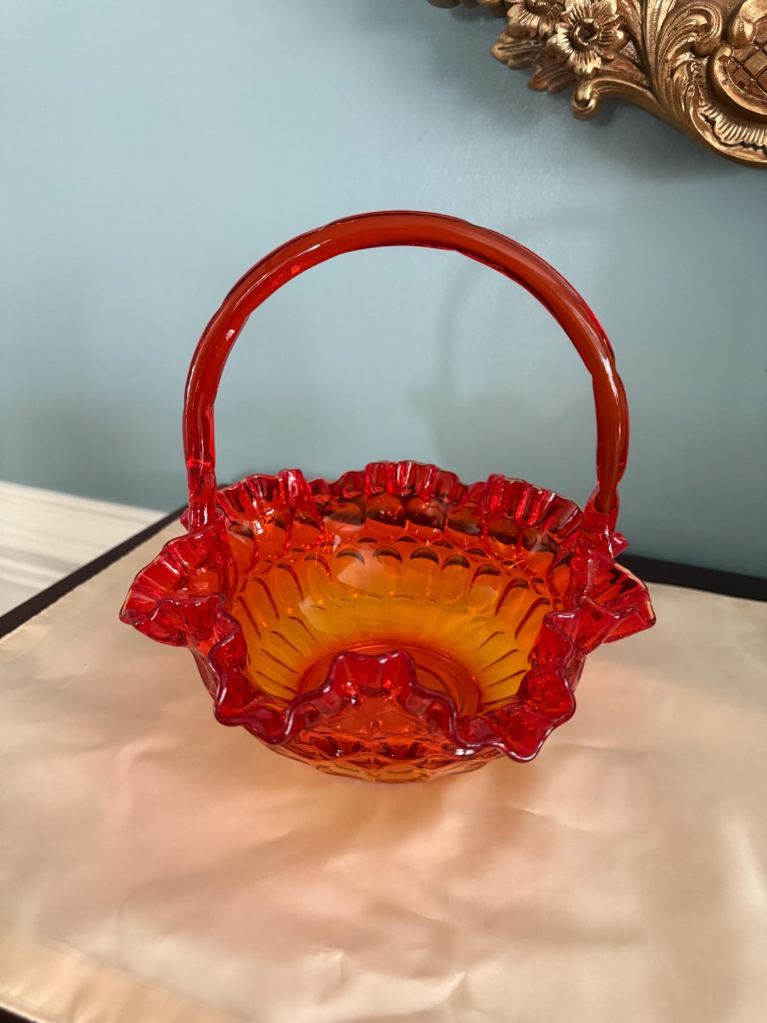 Vintage Fenton Amberina Glass Basket With Thumbprint Design and Ruffled ...