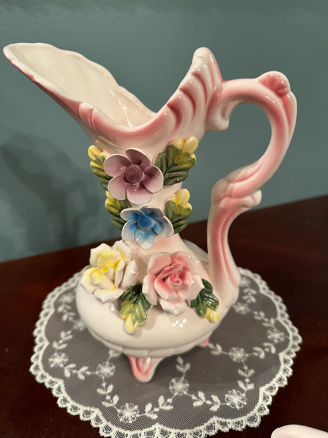 Vintage Porcelain Capodimonte Style Floral Pitcher - Etsy