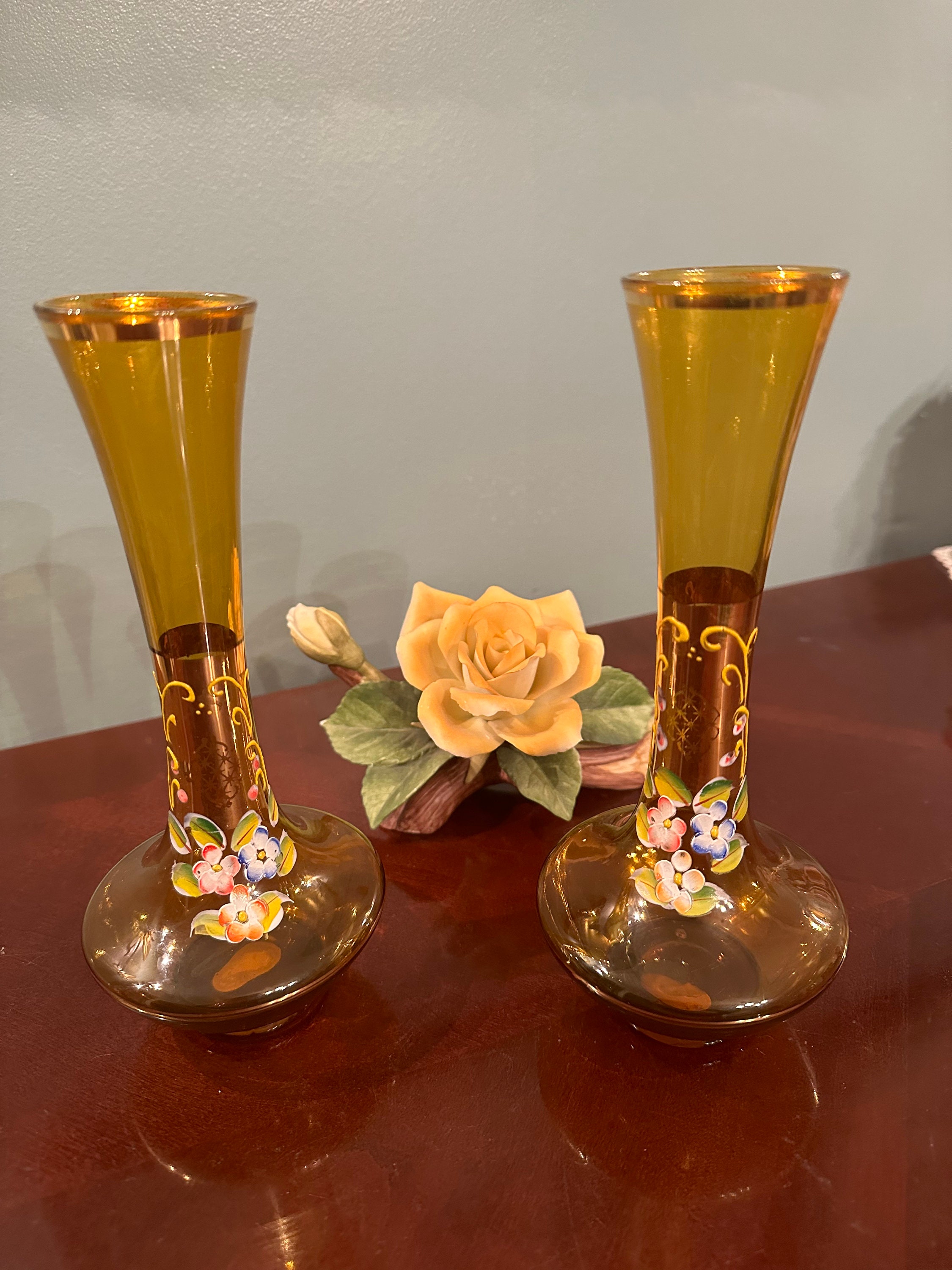 Vintage Nasco Japan Amber Glass Vase Bohemian Style With Hand Painted ...