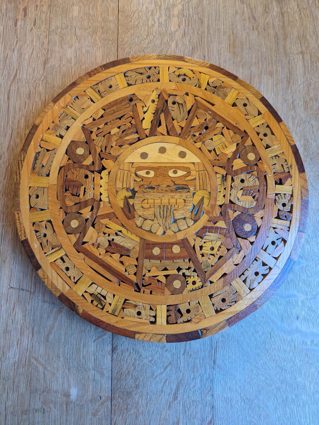 Vintage Aztec Calendar Wood Carved Inlay Handmade - Etsy