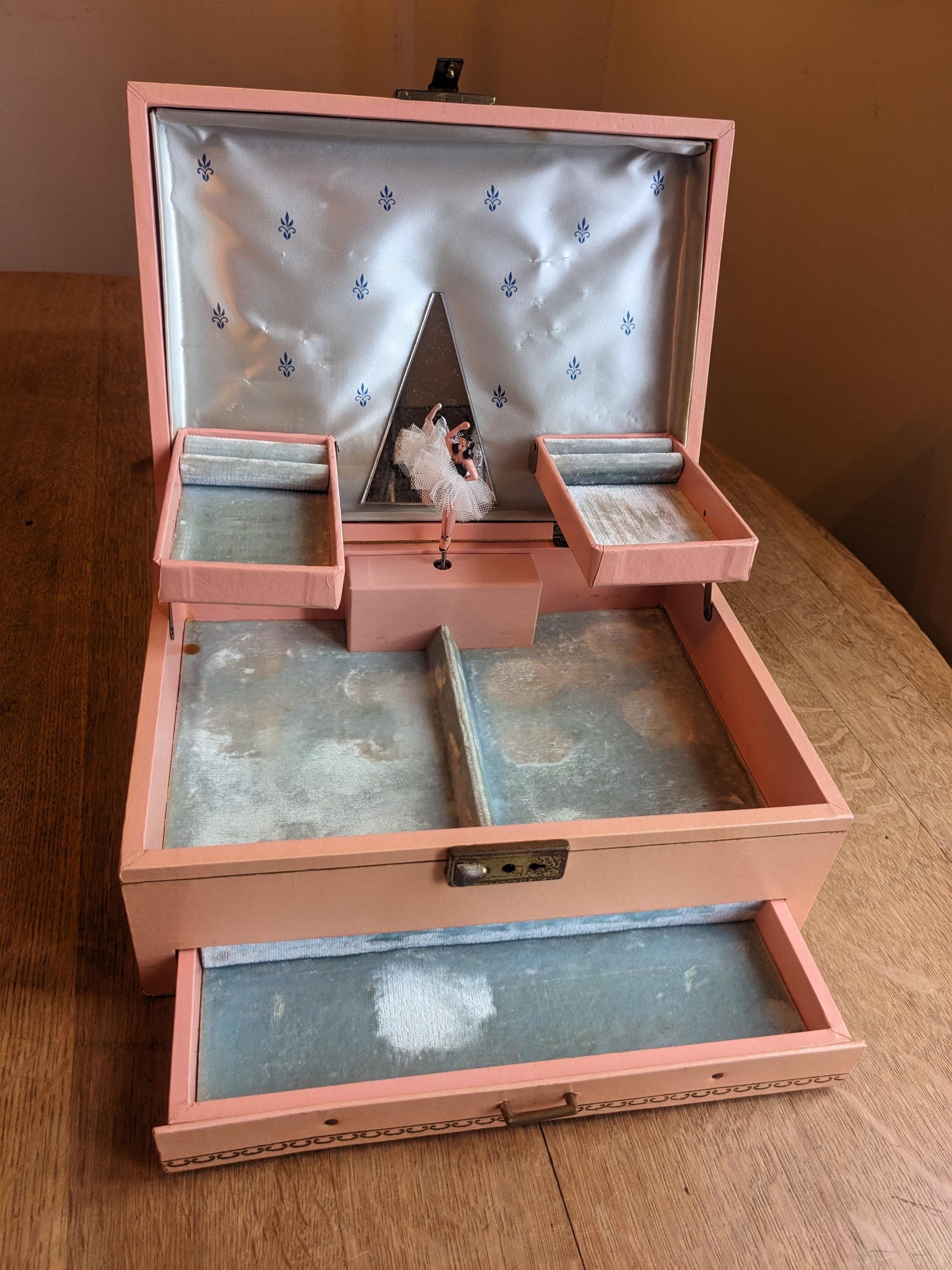 Vintage Dancing Ballerina Musical Jewelry Box Pink With Blue Lining and ...