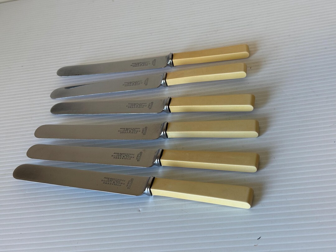 Vintage Cutlery Set Sheffield Knives, Faux Bone Handles, Celluloid ...