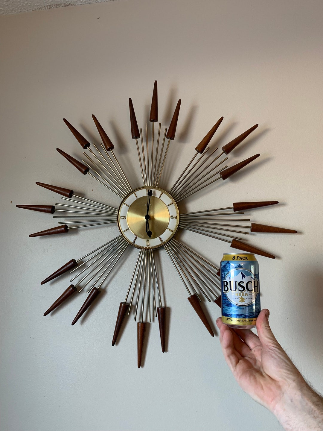 Huge Mid Century Snider Teak Starburst Clock, Vintage Starburst Clock ...