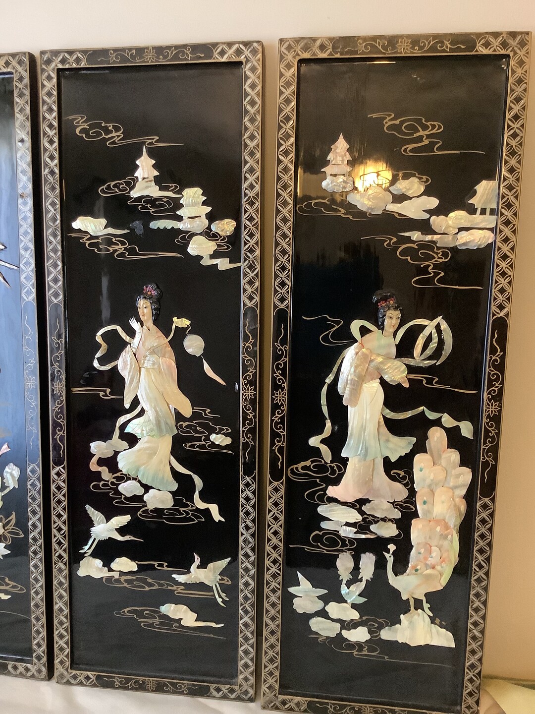 Lacquer Wall Panels Set of 4, Vintage Mother of Pearl Panels, Art Decor ...