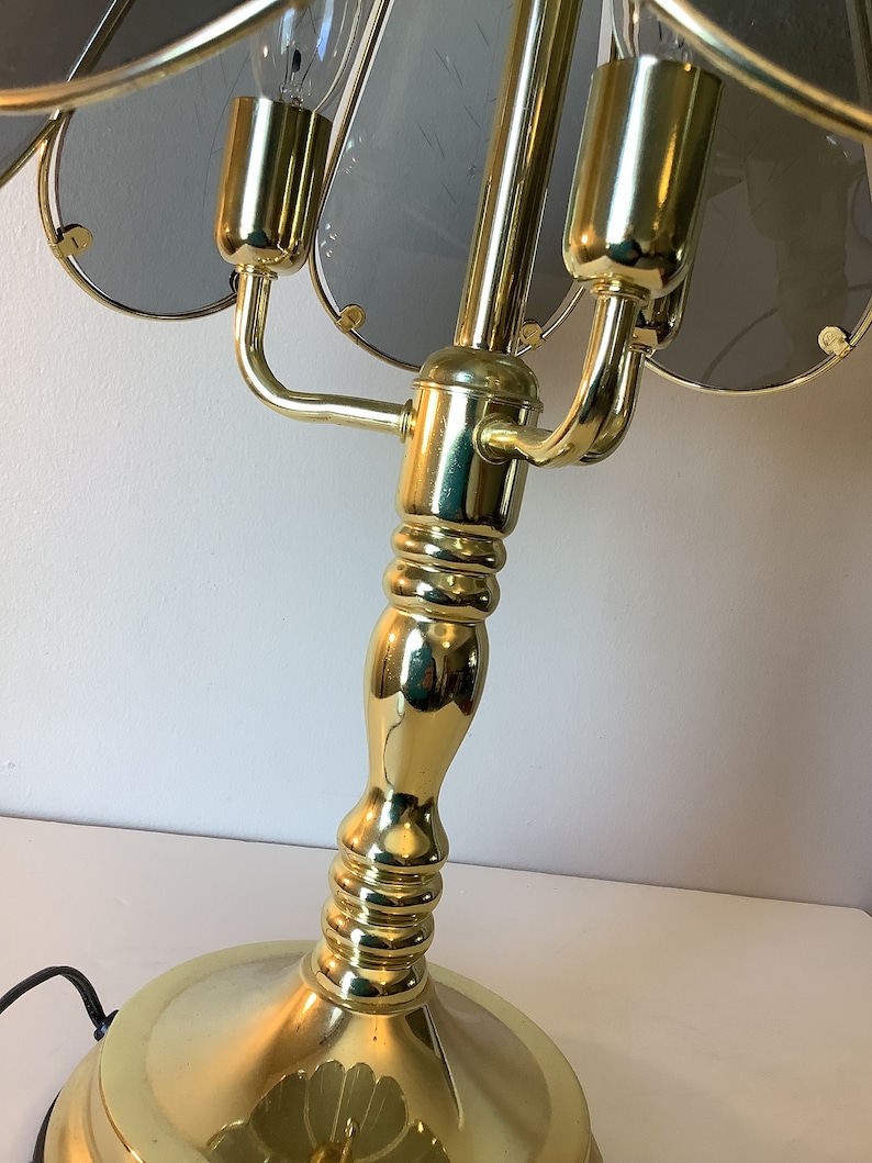 Vintage Etched Glass Touch Lamp Brass Tone 8 Glass Panels 3 Settings ...